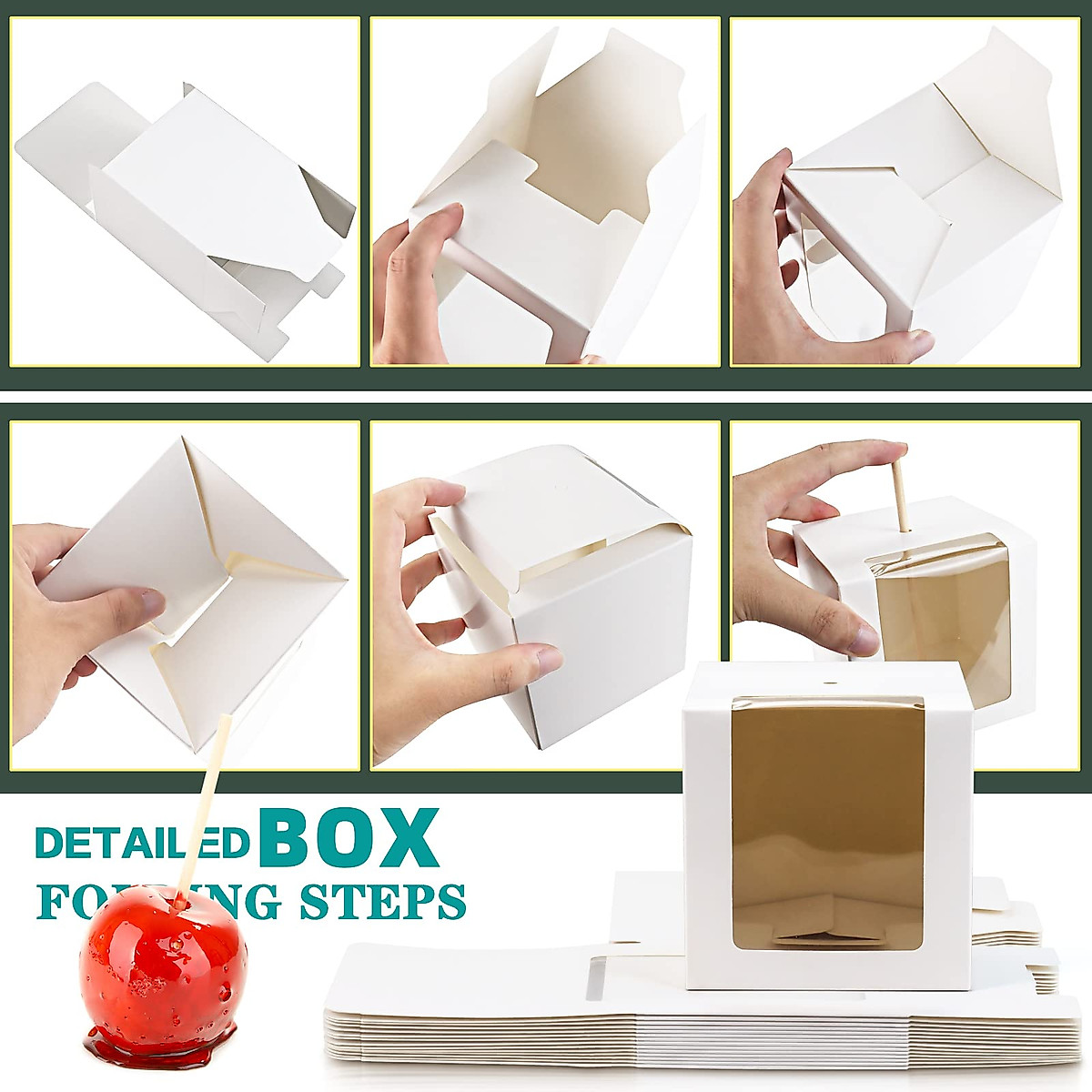 FIREBOOMOON 30 PCS White Kraft Candy Apple Boxes with Holes and Sticks,Caramel Candied Apple Cake Cookies Chocolate Gift Boxes with Clear Window for Wedding,Party,Baby Shower(4" x 4" x 4")