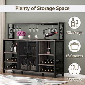 Gyfimoie Wine Bar Cabinet, 55 Inches Industry Coffee Bar Cabinet with Wine Rack and Glass Holder, Kitchen Sideboard Buffet Cabinet with Wine Rack Storage for Liquor and Glasses (Rustic Grey)