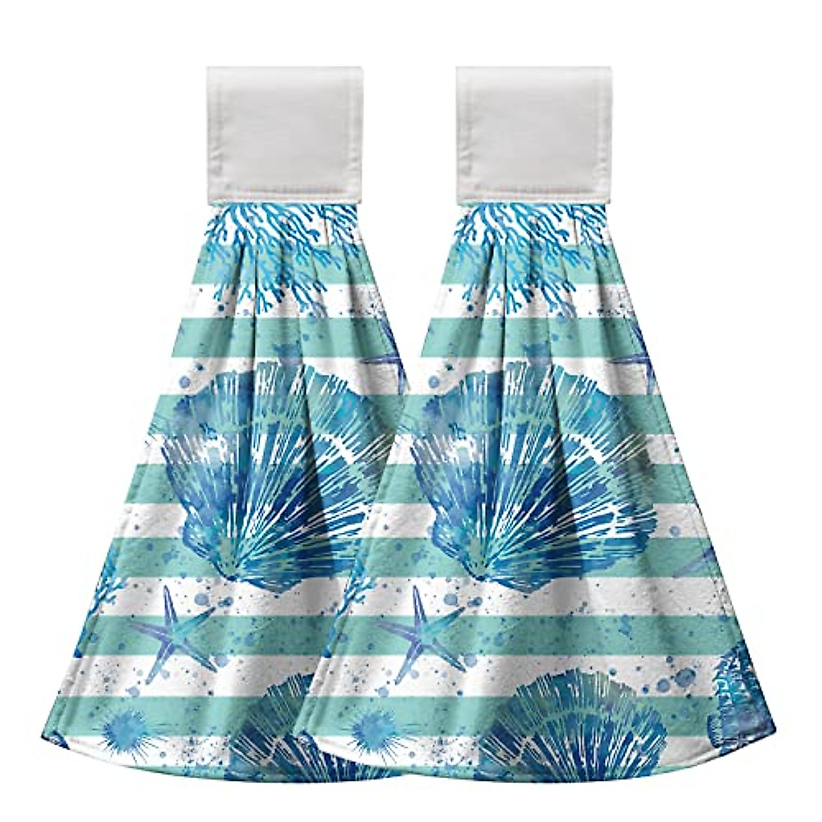 Kwlegh Coastal Seashells Hanging Hand Towels Set of 2 Teal Stripes Tie Towels Summer Starfish Bathroom Towels Absorbent Kitchen Towels with Hanging Loop for Bathroom for Bathroom Kitchen 12x17 Inch