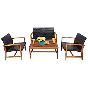 Tangkula 4-Piece PE Rattan Patio Furniture Set, Outdoor Conversation Set with Solid Acacia Wood, Outdoor Bistro Set with 1 Coffee Table, 1 Loveseat and 2 Chairs for Poolside, Backyard and Deck