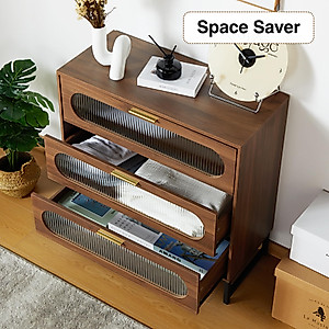 UHMUVFM 3 Drawer Dresser, Small Dresser with Tempered Glass Drawer Design, Modern Wood Chest of Drawers for Bedroom, Home Office (Walnut1)