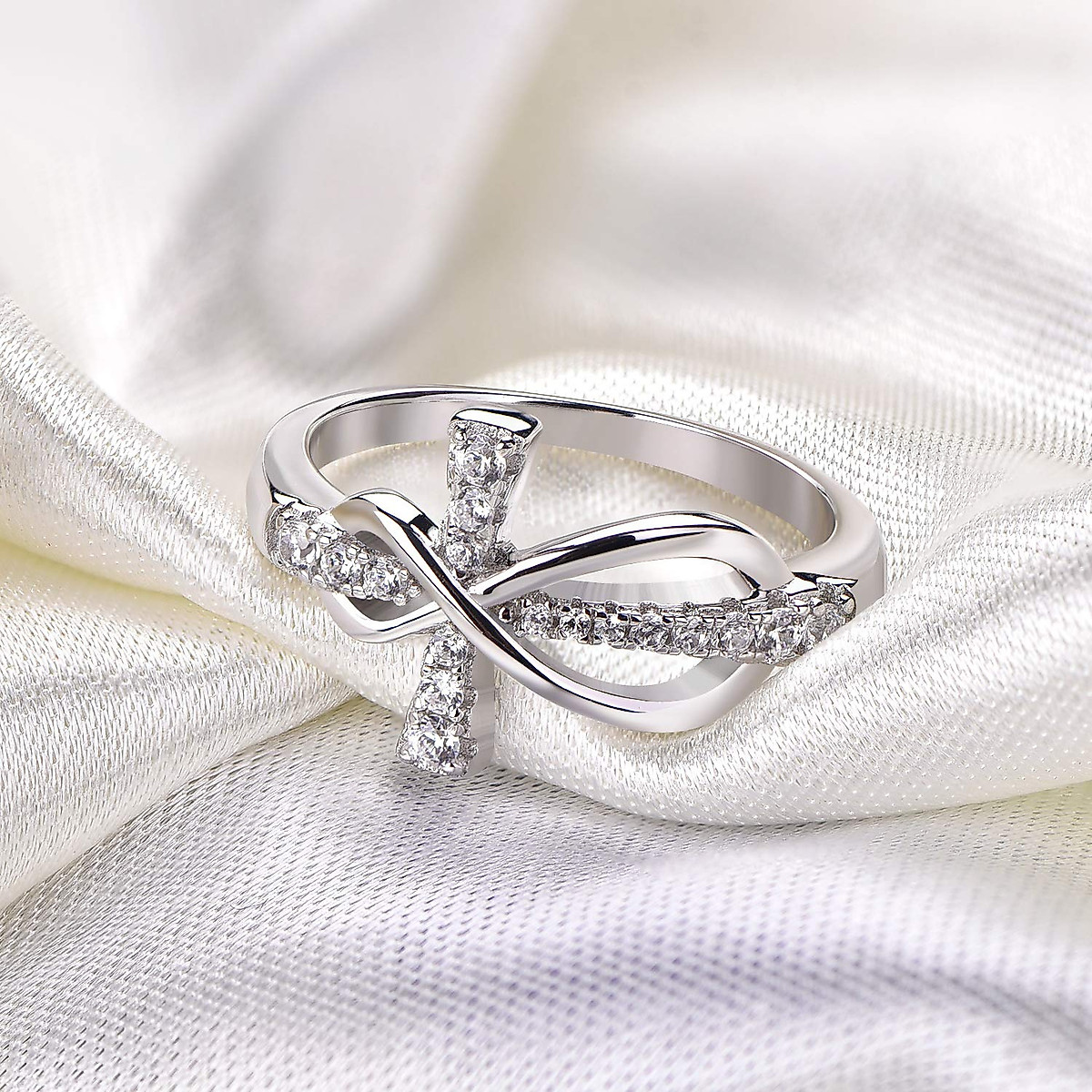 JO WISDOM 925 Sterling Silver Cubic Zirconia Cross Infinity Ring Size 7
