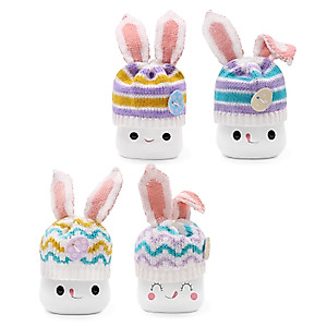 Vansolinne Easter Marshmallow Mug Hats Strip and Wavy Bunnies Crochet Ceramic Cup Toppers Mini Rabbit Mug Hat Cover Spring Kitchen Tiered Tray Decoration Baubles Eggs Holiday Celebration Decor 4PCS