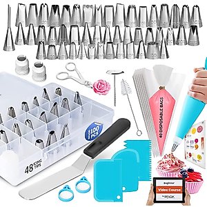 RFAQK 100PCs Icing Piping Bags and Tips Set, 12 Inch Pastry Bags with Piping Tips 48-Numbered+ Video Course + Booklet + E-book, Cake Decorating Kit for Cookie Cupcake Cake Decoration