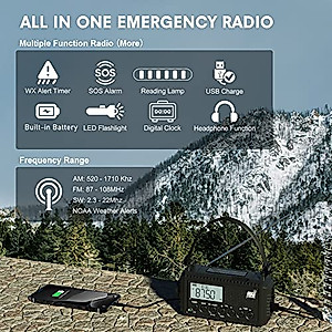 Emergency Radio, 5000mAh Solar Hand Crank Portable AM/FM/NOAA Radio with Solar Charging & Battery Operated, USB Charger, Emergency Supplies Survival Gear with LED Flashlight for Outdoor Camping Black