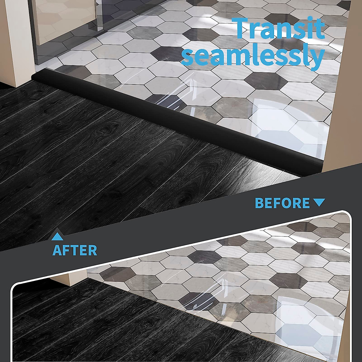 Art3d Self Adhesive Vinyl Transition Strip, Laminate & Tile Strip, Flat Divider for Floor Gaps (4 FT, 1.57in, Black)