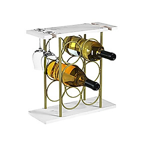LAPEPI Wine Rack with Glass Holder, Gold Frame,Countertop Wooden Wine Rack,Holds 6 Bottles and 4 Glasses freestanding Floor, Decorative Wine Storage Rack