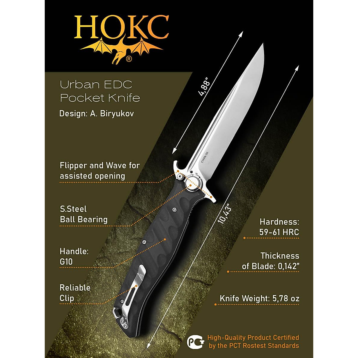 НОКС HOKC Puukko-S | 342-100406 | Pocket Knife with Liner Lock and Lawks Safety System, G10 Handle, Thumb Stud, Finger Flipper, Durable D2 Stainless Tool Steel, Satin Finished Utility Knife