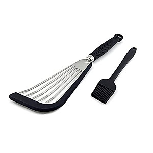halteoly Fish Spatula Stainless steel with Silicone handled, Fish spatulas for nonstick cookware,Fish Flipper Spatula and Basting Brush (Black)
