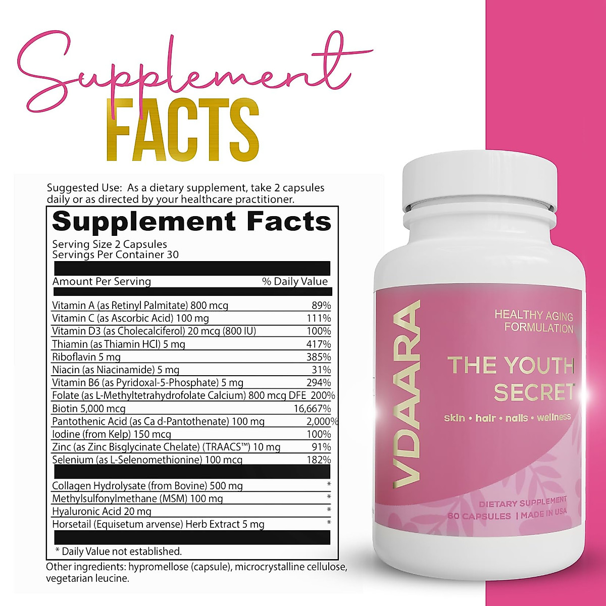 Vdaara Hair, Skin and Nails Vitamins - 5000 mcg Biotin, Collagen, Natural Vitamin C A D3 Hyaluronic Acid - Supplement for Glowing Skin, Hair Growth for Men and Women – 60 Capsules