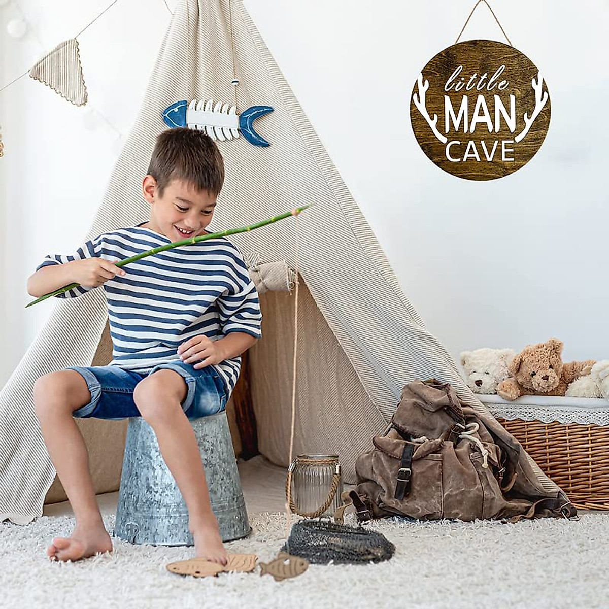 Little Man Cave, Wood Wall Sign for Nursery Bedroom Living Room Rustic Home Decor Crib Decorations Woodland Aesthetic Round Kids Gift Newborn Boys, New Mom, 12x12 in