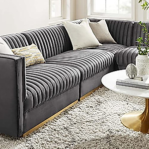 Modway Sanguine Channel Tufted Performance Velvet Modular Sectional, 4-Piece Right-Facing Sofa, Grey