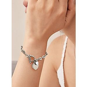 Muyola Women's Stainless Steel Heart Bracelet - Toggle Bracelets For Women - Fashion Zircon Bracelet For Girls - Toggle Clasp - Lover Gift (Silver)