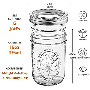Wide Mouth Mason Jars 16 oz, 6 Pack Glass Mason Canning Jars with Metal Airtight Lids and Bands Containers for Fruit Storage, Overnight Oats, Meal Prep, Pickling, Preserving, Yogurt, Snack, Home Decor