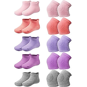 Syhood 10 Pairs Baby Crawling Anti-Slip Knee Pads and Anti-Slip Baby Socks Set Unisex Toddler Knee Protectors Non Slip Ankle Socks (Multicoloured)