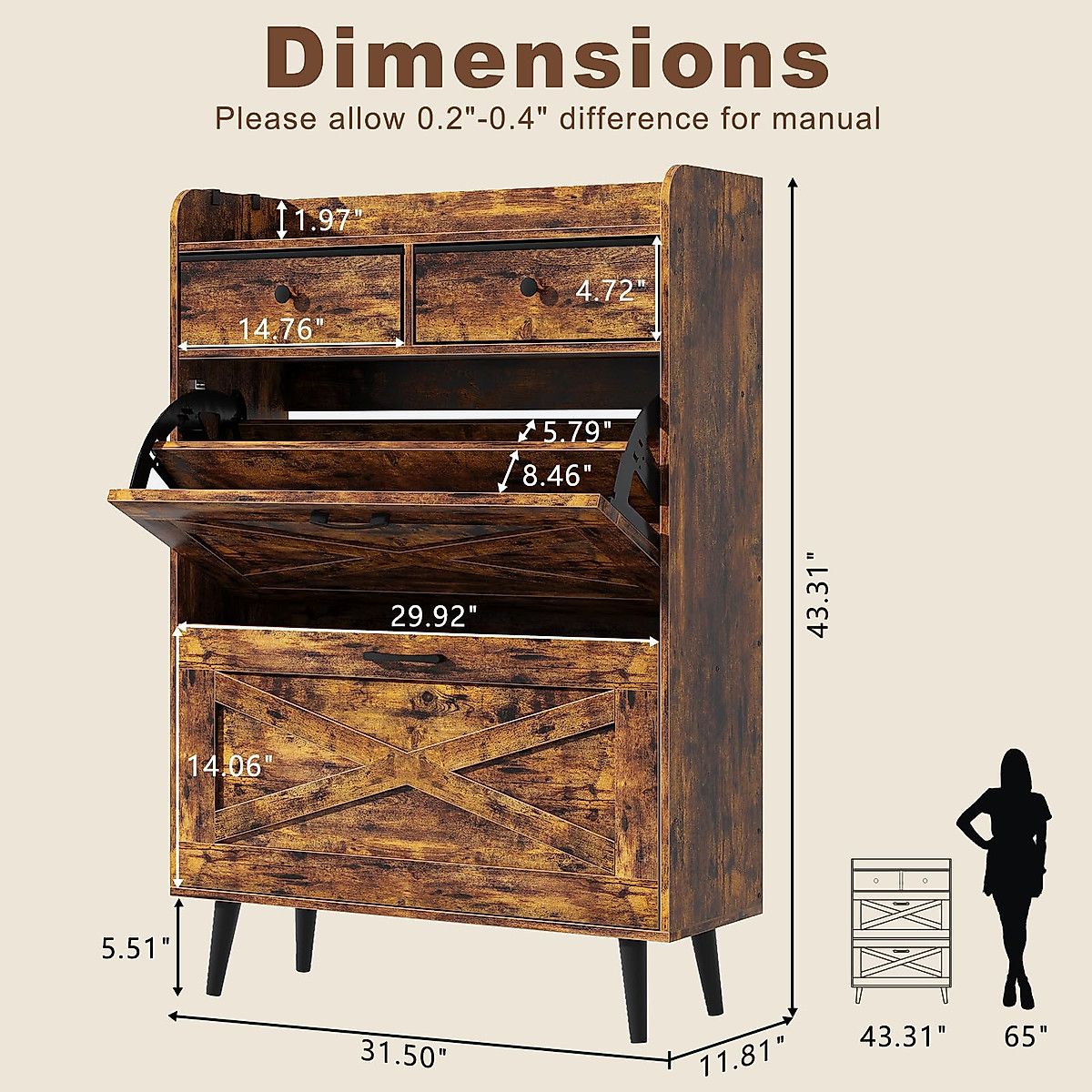 Shoe Cabinet Storage for Entryway, Narrow Shoe Organizer Cabinet with 2 Flip Drawers & 2 Fabric Drawers, Farmhouse Freestanding Big Shoe Storage Cabinet with Robust Legs, Rustic Brown