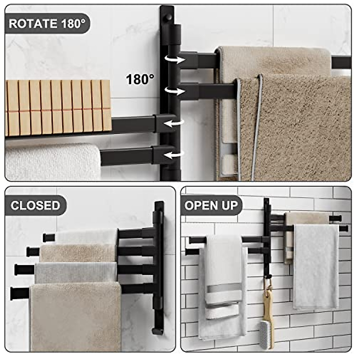 KLDKLD Swivel Towel Rack,Wall Mounted Towel Bar for Bathroom,4-Arms Towel Rack with Hook, Space Saving Towel Holder for Bathroom