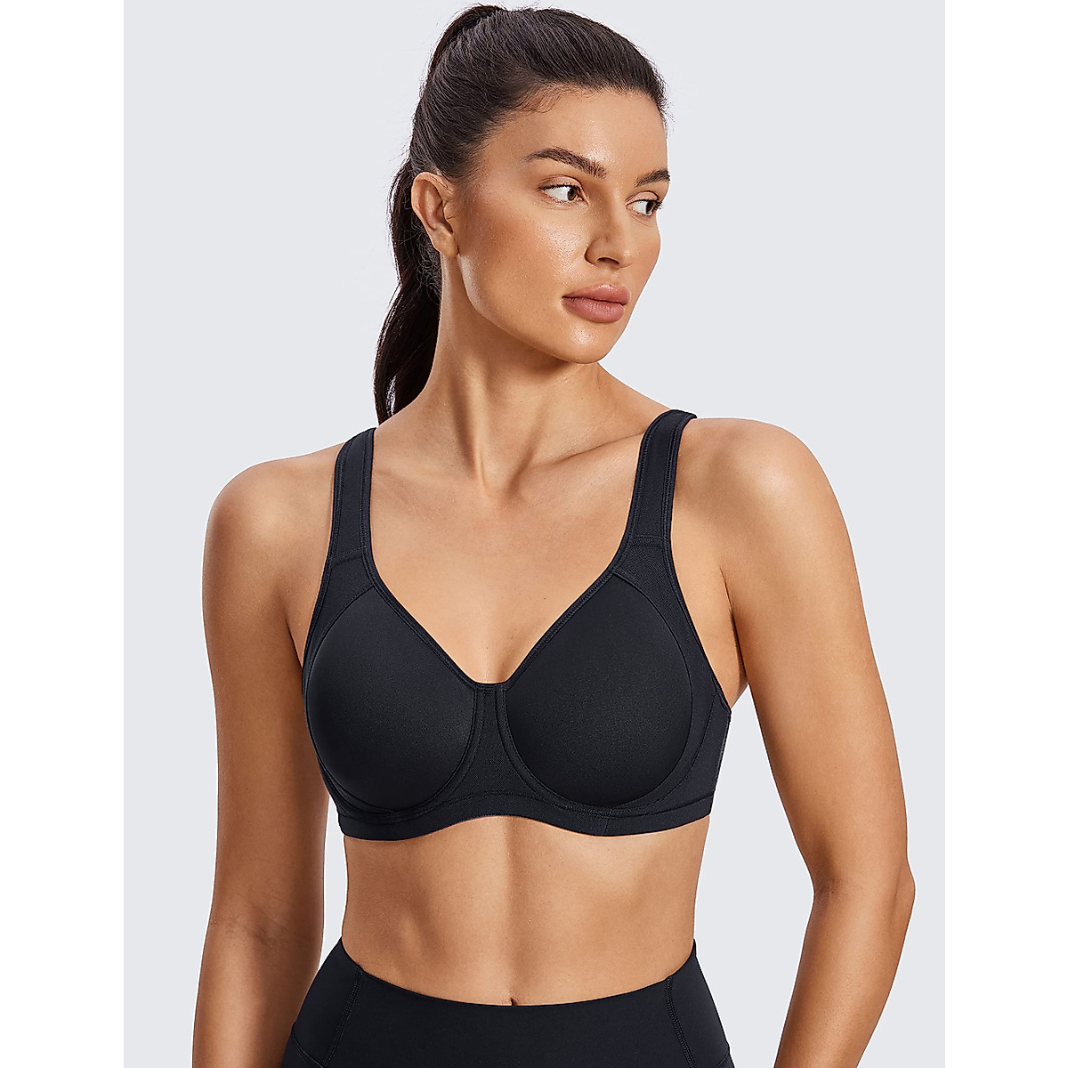 SYROKAN High Impact Sports Bras for Women Support Underwire Cross Back Large Bust Cool Comfort Molded Cup Solid Black 36F