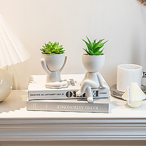 VENY TAYA 2 PCS Unique Artificial Plants Succulents Office Decor for Women and Men, Small Fake Plants with Human-Shaped Pots, Cute Faux Plants Indoor for Office or Home Decoration, White