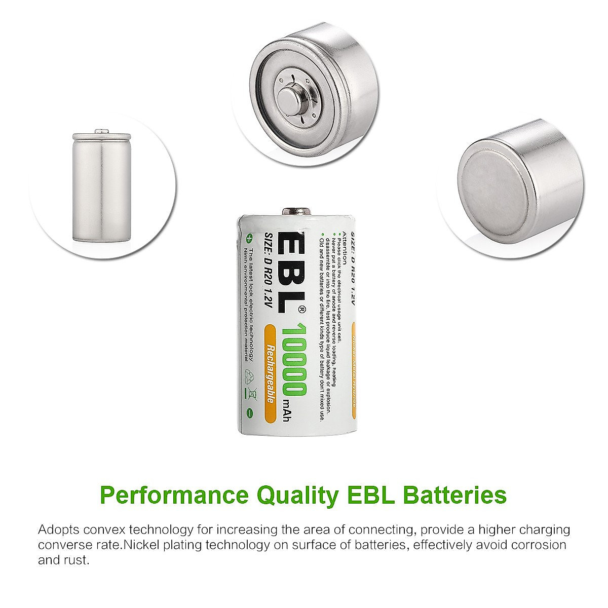 EBL Pack of 8 10000mAh Ni-MH D Cells Rechargeable Batteries, Battery Case Included