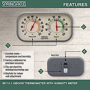 Springfield Color Track Humidity Meter and Indoor Thermometer, Analog Weather Station for the Bedroom, Nursery, and Inside the Home
