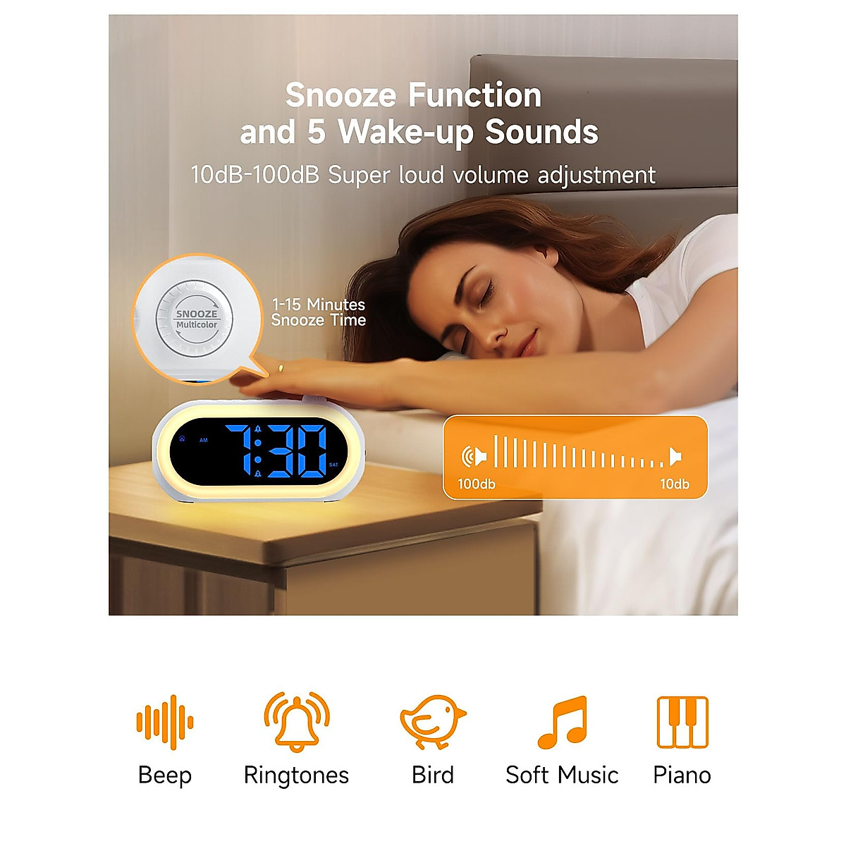 OCUBE Digital Alarm Clocks for Bedrooms with Wake Up Light,Colorful Bedside Clock Mains Powered with Night Light,Dual Alarms,100dB Super Loud,USB Charger,Snooze for Teens Kids Boys Girls Seniors