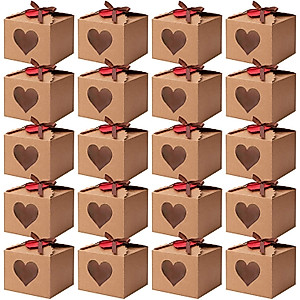 Cooraby 20 Pieces Heart Gift Boxes with Display Window Kraft Paper Gift Bags Gift Packaging Boxes with Tags and Ribbons for Valentine's Day Christmas Party Decorations