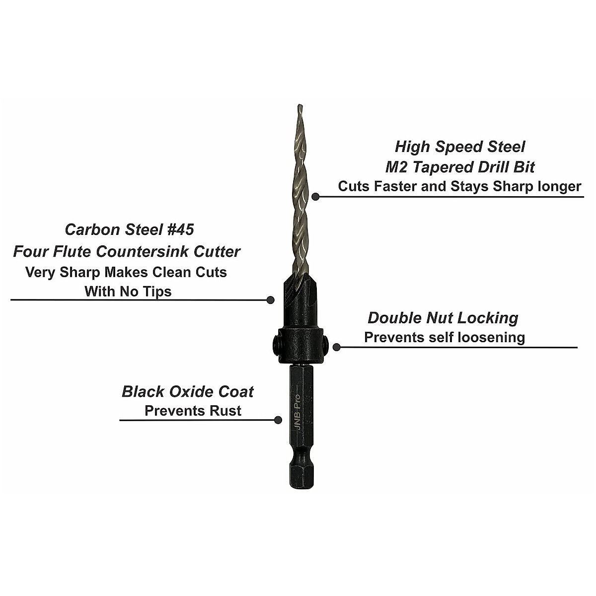 JNB Pro Wood Countersink Drill Bit Set - 5 Pc Adjustable Countersink Bit #8(11/64") All Same Size - 2 Extra 11/64 Tapered Drill Bit, 1 Adjust. Collar, 1 Wrench - 1/4" Quick Change Shank - Countersink