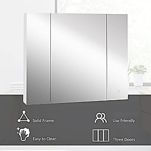 kleankin LED Medicine Cabinet, 35.5 x 29.5 Wall-Mounted Bathroom Vanity Mirror Organizer with Dimmer Touch Switch, Three Doors, and USB Charged, White