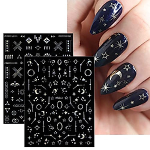 JMEOWIO 12 Sheets Moon Star Sun Nail Art Stickers Decals Self-Adhesive Pegatinas Uñas Gold Silver Nail Supplies Nail Art Design Decoration Accessories