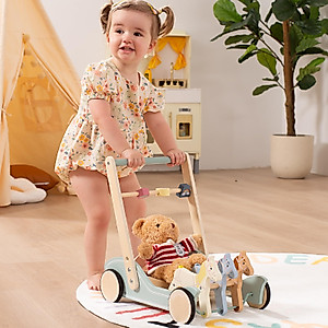 Giant bean Wooden Baby Walker for Boys Girls Ages 1+, Galloping Ponies Push and Pull Activity Walker Adjustable Speed, Baby Push Walker Gift for Toddler Kids Motor Skills & Stimulates Creativity