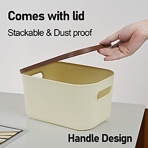 6Pcs Small Storage Bins with Lids, Stackable Plastic Organizer Bin Storage Containers for Organizing, Shelf Baskets for Pantry Cabinet Shelves Desktop Freezer Drawer Organization (Beige, Small)