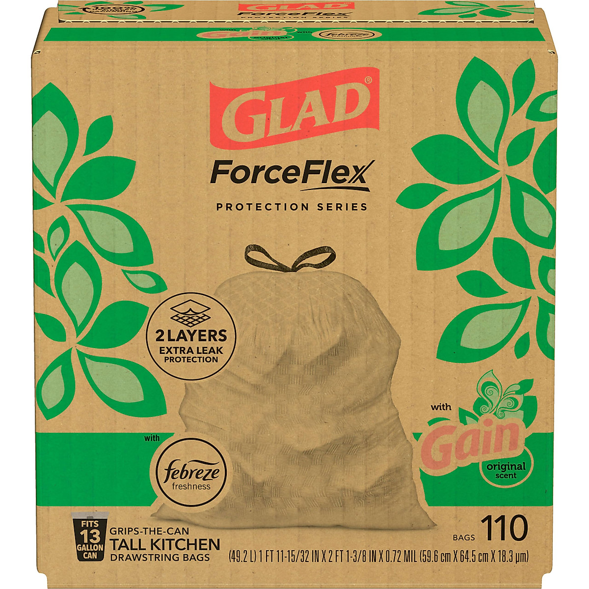 GLAD ForceFlex Tall Kitchen Drawstring Trash Bags, 13 Gallon White Trash Bag for Kitchen Trash Can, Gain Original Scent, Odor Shield, Odor Eliminator, Leak Protection, 110 Count