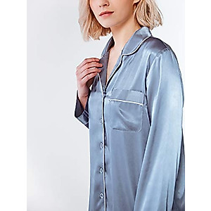 SIORO Silky Pajamas for Women Satin Pajama Sets Long Sleeve Button Down Sleepwear PJ's Soft Loungewear, Blue Grey, Medium