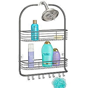 mDesign Extra Wide Hanging Shower Caddy Storage Organizer, Metal Wire Bathroom Organization Center with Built-in Hooks and Baskets on 2 Levels for Shampoo, Body Wash, Loofahs - Graphite Gray