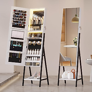 jajov 47.2" LED Jewelry Cabinet Armoire, Standing Mirror with Jewelry Storage, Jewelry Organizer Armoire with Full Length Mirror, Lockable Jewelry Mirror Cabinet (White)