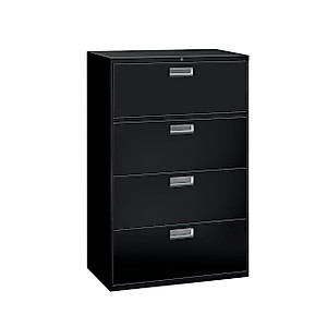 HON Adjustable Hangrails for A4, Legal, Letter Files Lock-600 Series Lateral Office Storage Locking Metal Cabinet 36" W x 18" D, 4 Drawers, Black