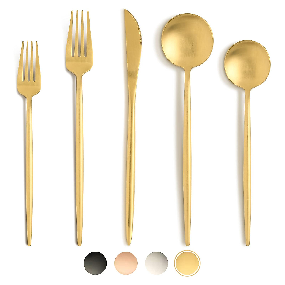 BirdyFly Gold Silverware Set, 20 Piece Stainless Steel Flatware Set Service for 4, Matte Gold Cutlery Set, Include Knives/Forks/Spoons, Dishwasher Safe