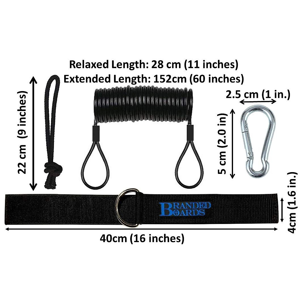 Branded Boards-Railz Steel Coiled Safety Leash, Heavy Duty Wrist Cuff, Carabiner & Paracord Loop. Boogie Board, Snowboard, Surf Board, SUP, Scooter, Snowskate, Sled, Dog Pet Lanyard (Ultimate 1-Pack)