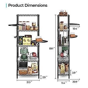 LINSY HOME 5-Tier Storage Shelves with 2 Rotatable Shelves, Height Adjustable Metal Pantry Shelves with 5 Hooks and Shelf Liners, Heavy Duty Metal Shelving, Wire Shelving for Kitchen, Bathroom -Dark