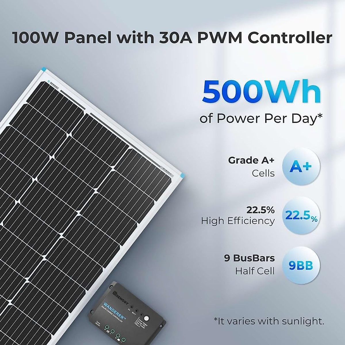 Renogy 100W 12V Solar Panel Starter Kit, 100 Watt Monocrystalline Solar Panel, 30A LCD PWM Charger Controller, Adaptor Kit, Tray Cables, Z Brackets for RV, Camper, and Other Off Grid Applications