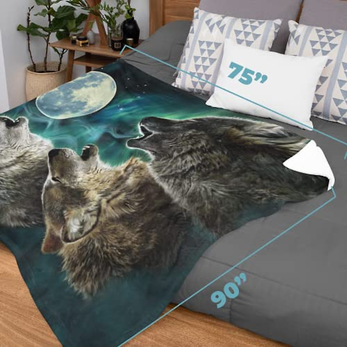 Dawhud Direct III Howling Wolf Fleece Blanket for Bed, 75" x 90" Queen Size Moon Fleece Throw Blanket for Women, Men and Kids - Super Soft Plush Wolf Blanket Throw Plush Blanket Wolf Gifts