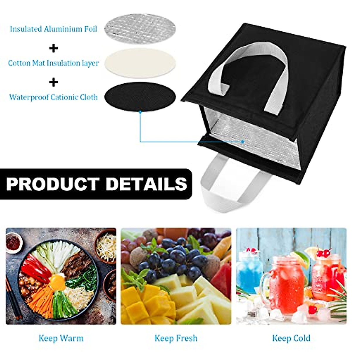 Yinkin 10 Pieces Insulated Lunch Bag Bulk Lunch Box Large Reusable Leakproof Tote Container with Aluminum Foil Employees Gift for Nurses Men Office Work School Beach Travel (Black)