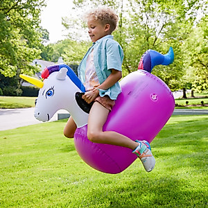 Hearthsong Hop N Go Inflatable Unicorn Riding Bouncy Hopping Toys for Kids Ages 5+ - Ride On Bouncer Animal Hopper Jumping Toys for Outdoor Games (2 Pack)