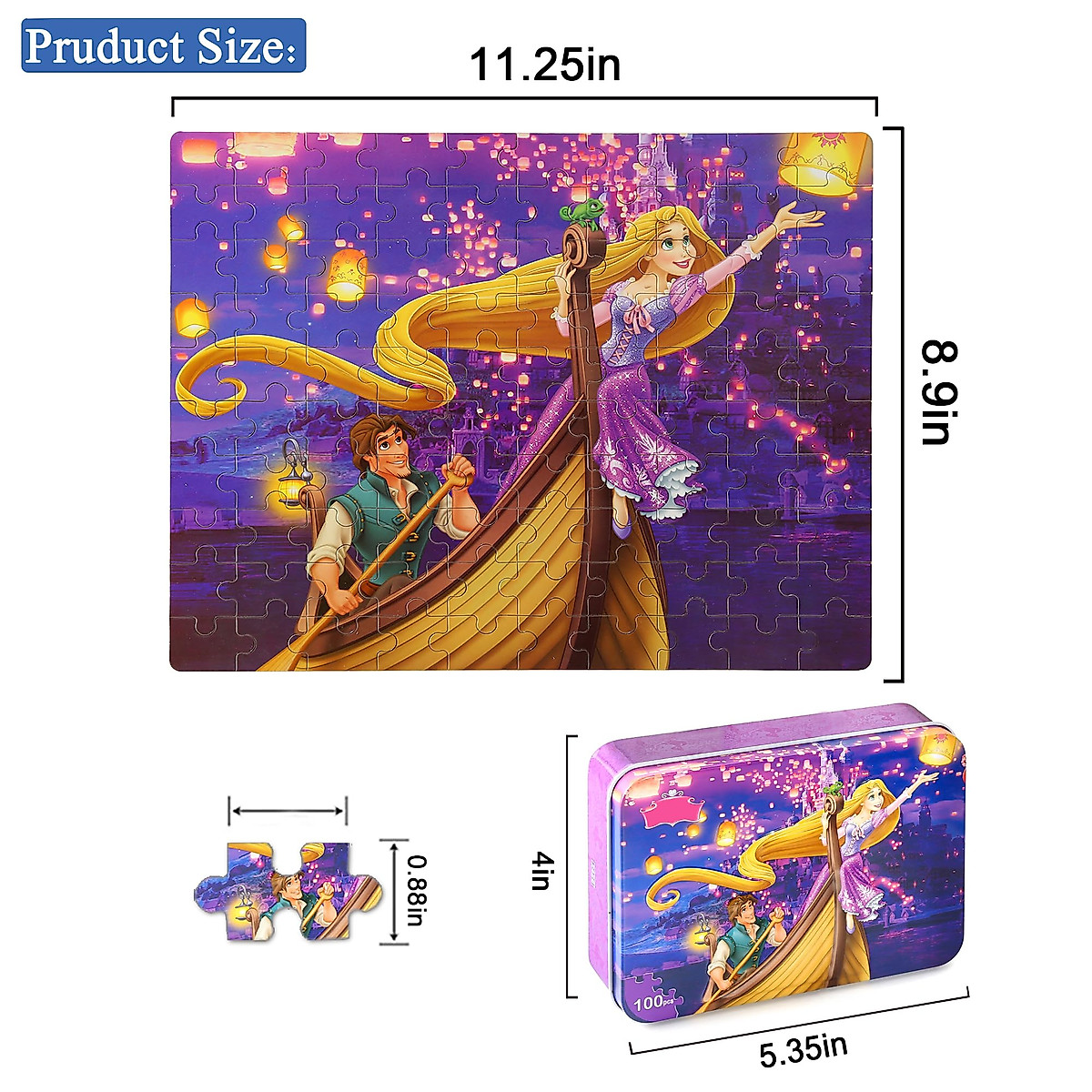 LELEMON Princess Puzzles in a Metal Box 100 Piece Long Hairs Princess Jigsaw Puzzle for Kids Ages 4-8 Children Learning Educational Puzzles Toys