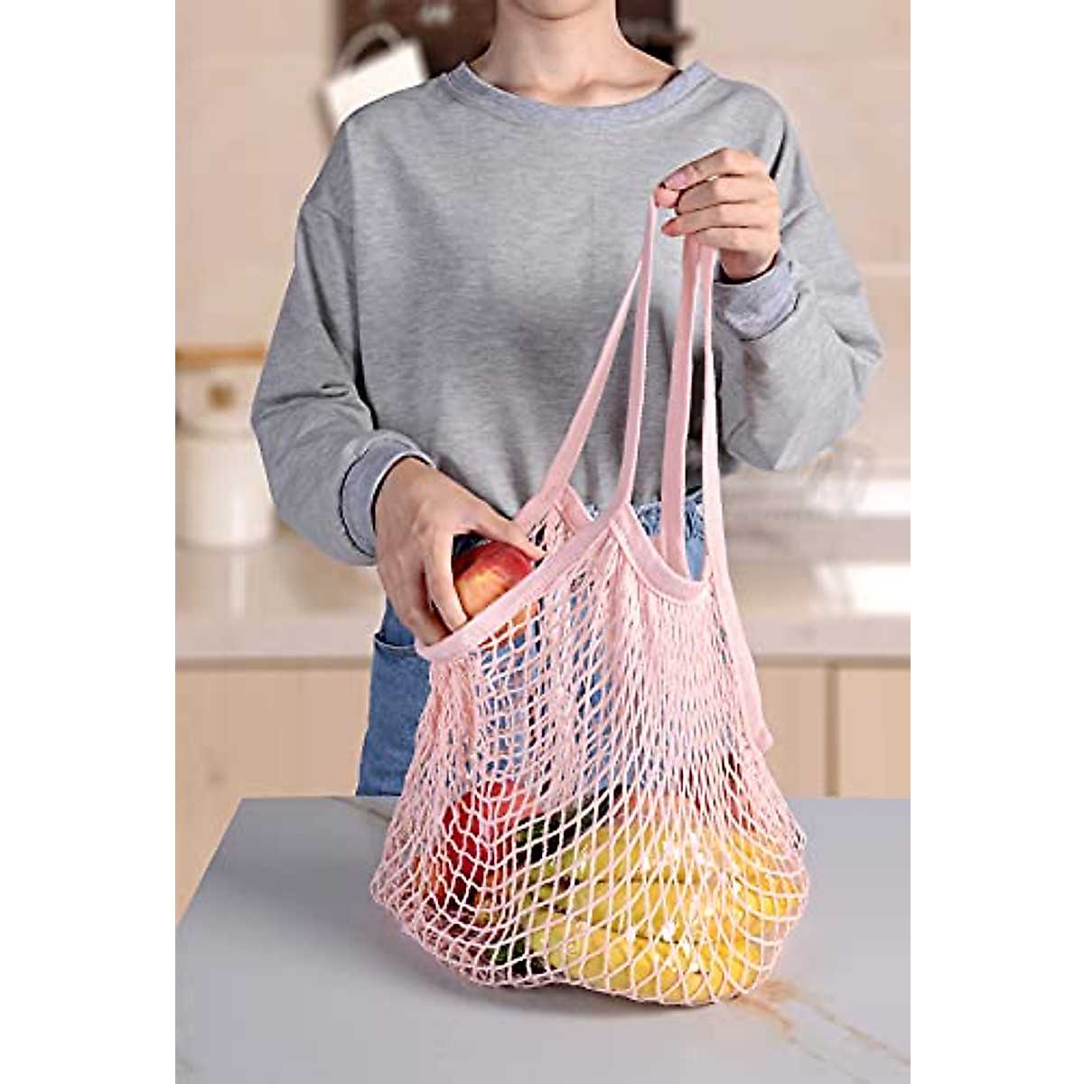 S SRYSITA 5 Pack My Eco Bag Portable Large Reusable Grocery Bags Fruit and Vegetable Bag Washable Cotton Mesh Bag Organic Organizer Shopping Handbag Long Handle Net Tote (Blue,Green,Beige,Pink)