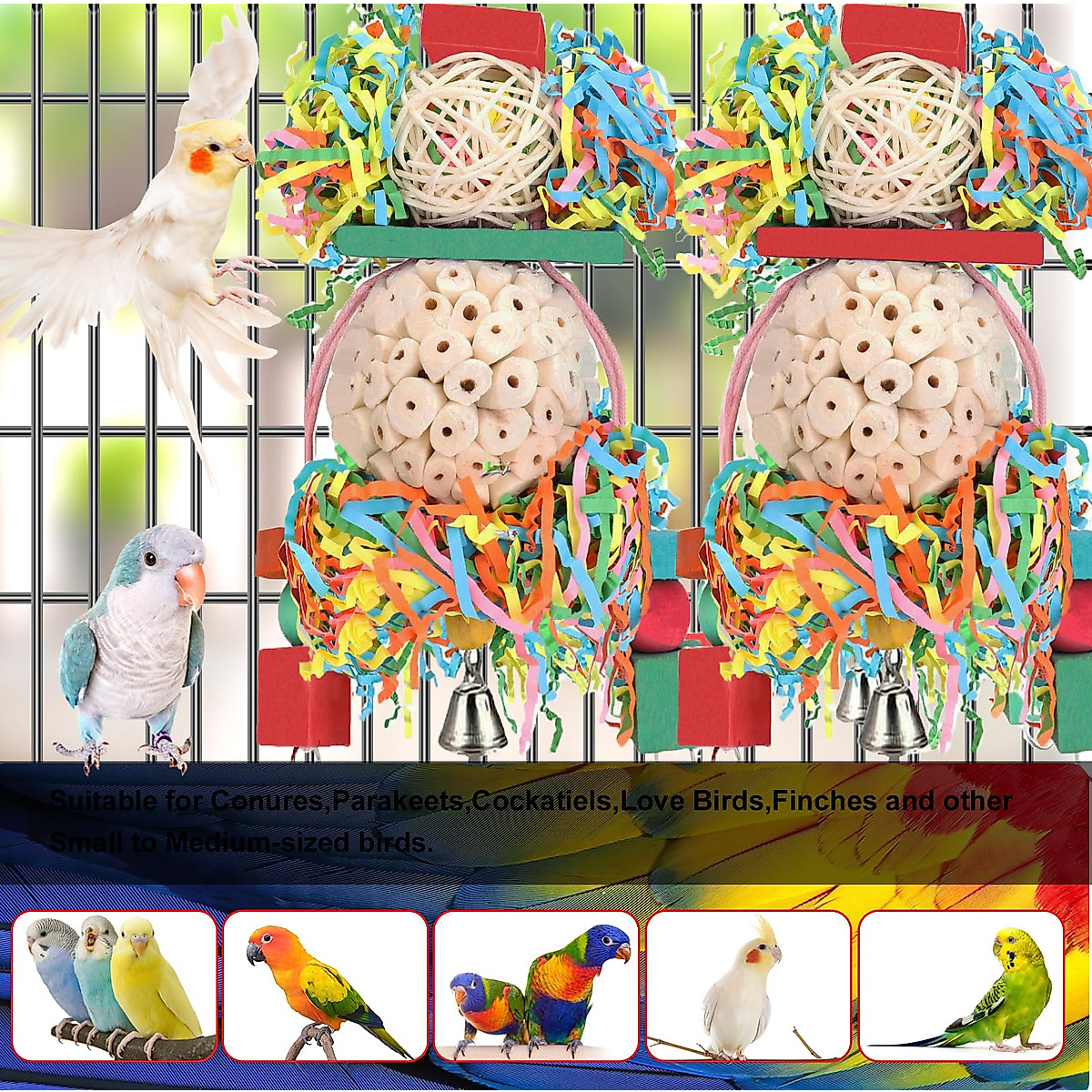BBjinronjy Bird Toys,2PCS Conure Toys Hanging Natural Soft Sola Ball Beak Chew Shred Forage Toys for Parrots,Cockatiel,Conure,Love Birds,Parakeets,Budgie and Other Small Birds
