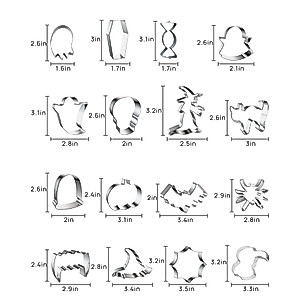 16 Pcs Halloween Cookie Cutters Halloween Set with Decorating Instructions Stainless Steel Pumpkin Witch Hat Cat Bat Skull Ghost Candy Coffin And More