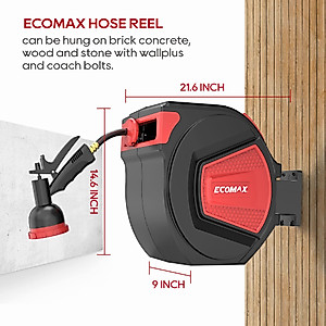 ECOMAX ELG09 1/2in. x 100ft Retractable Garden Hose Reel, Heavy Duty Water Hose Reels, Any Length Lock, Slow Return System, 8 Pattern Hose Nozzle, Wall-mounted & 180° Swivel Bracket, Black & Red