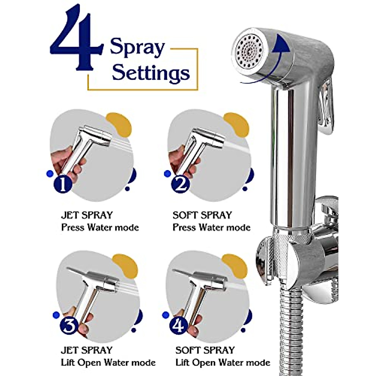 4 Mode Handheld Bidet Sprayer for Toilet Kit (Chrome) - Toilet Bidet Handheld Sprayer,Handheld Bidet for Personal Hygiene,Stainless Steel Bidet Hose,Brass T-Valve,Baby Cloth Diaper Sprayer